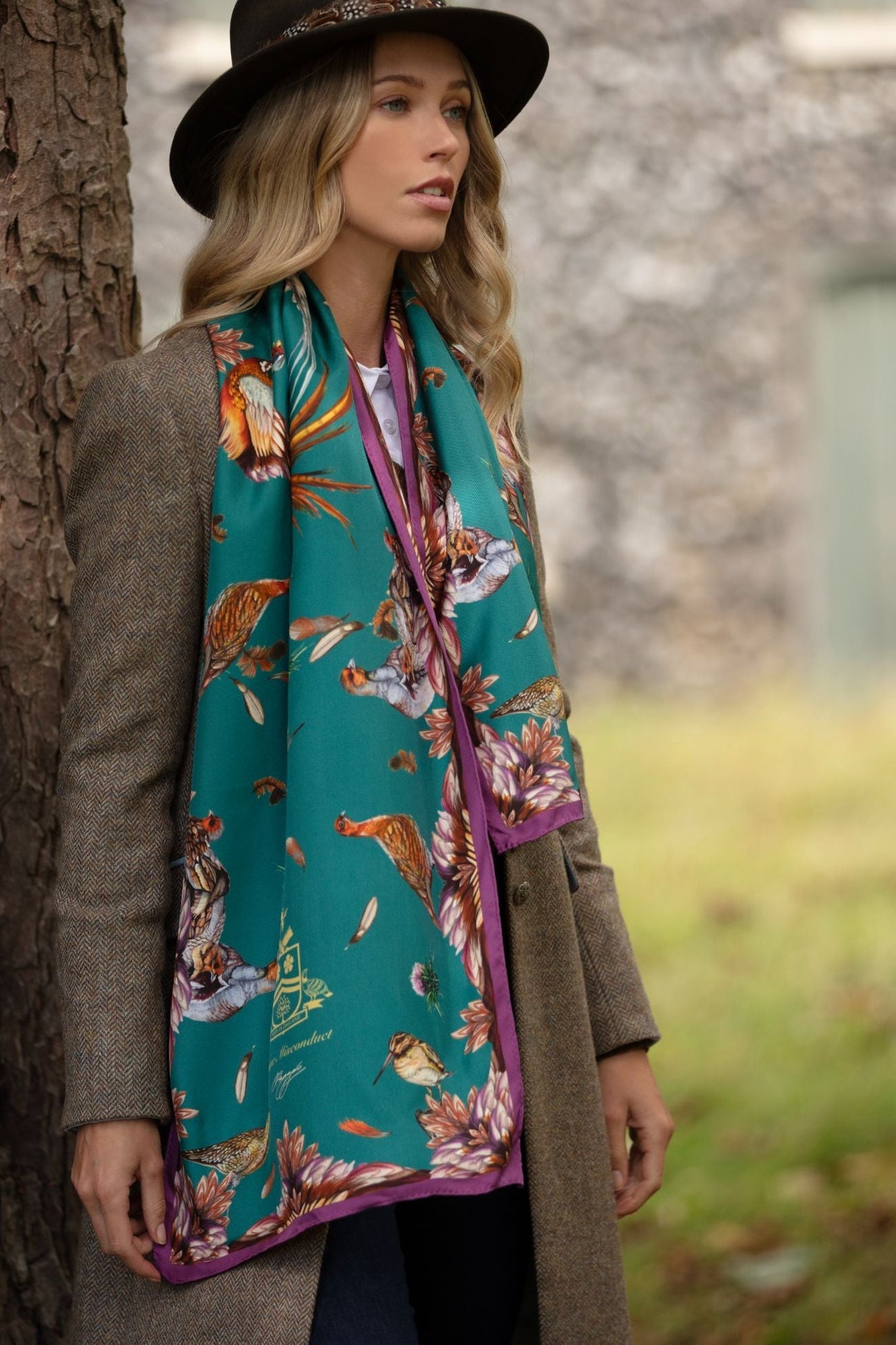 Clare Haggas Classic Grouse Misconduct Silk Scarf Teal & Aubergine ...